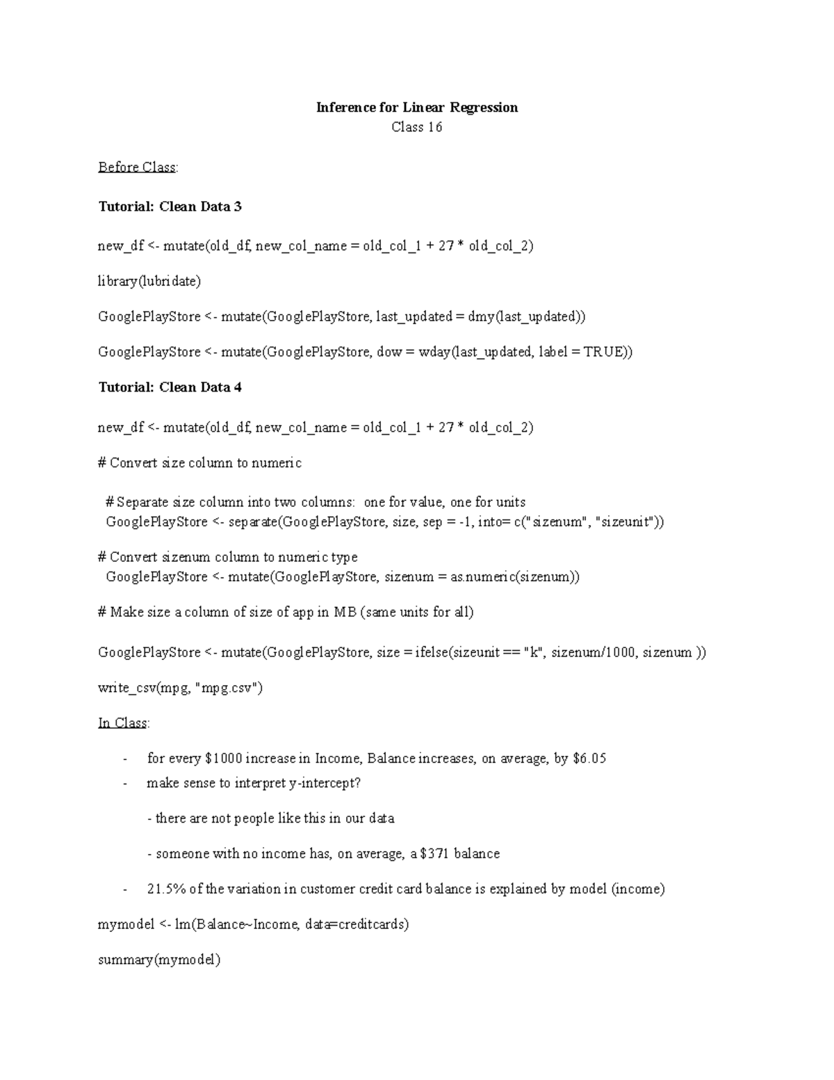 (16) Inference for Linear Regression - Inference for Linear Regression ...