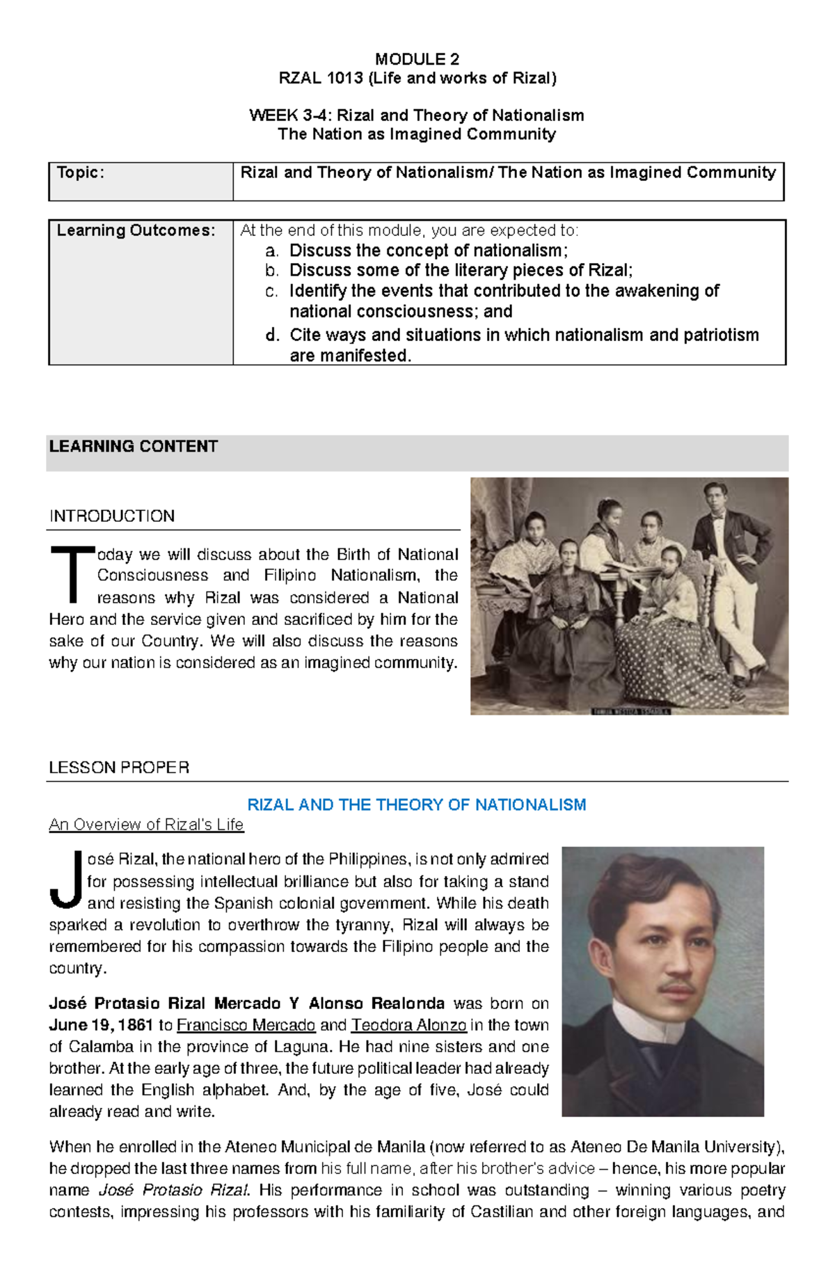 Module 2 Rizal - MODULE 2 RZAL 1013 (Life and works of Rizal) WEEK 3-4 ...