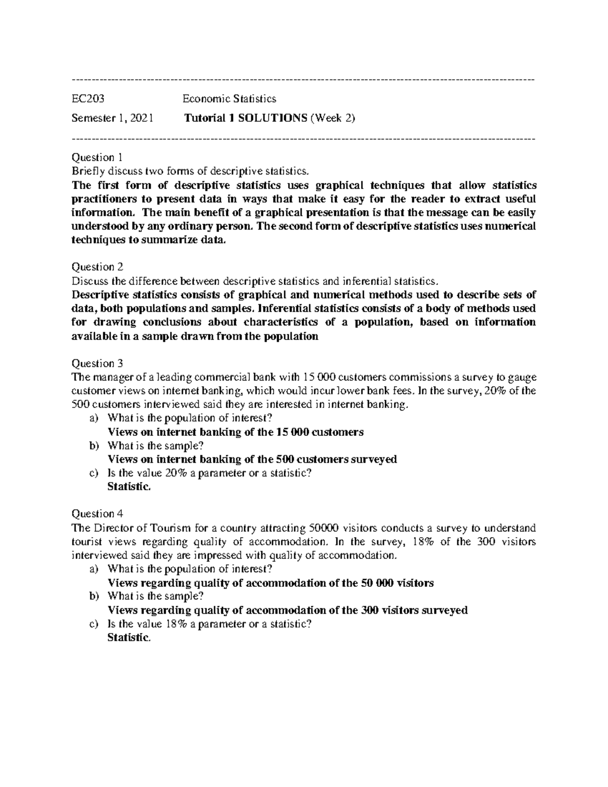 Tutorial 1 - Solutions - EC203 Economic Statistics Semester 1, 2021 ...