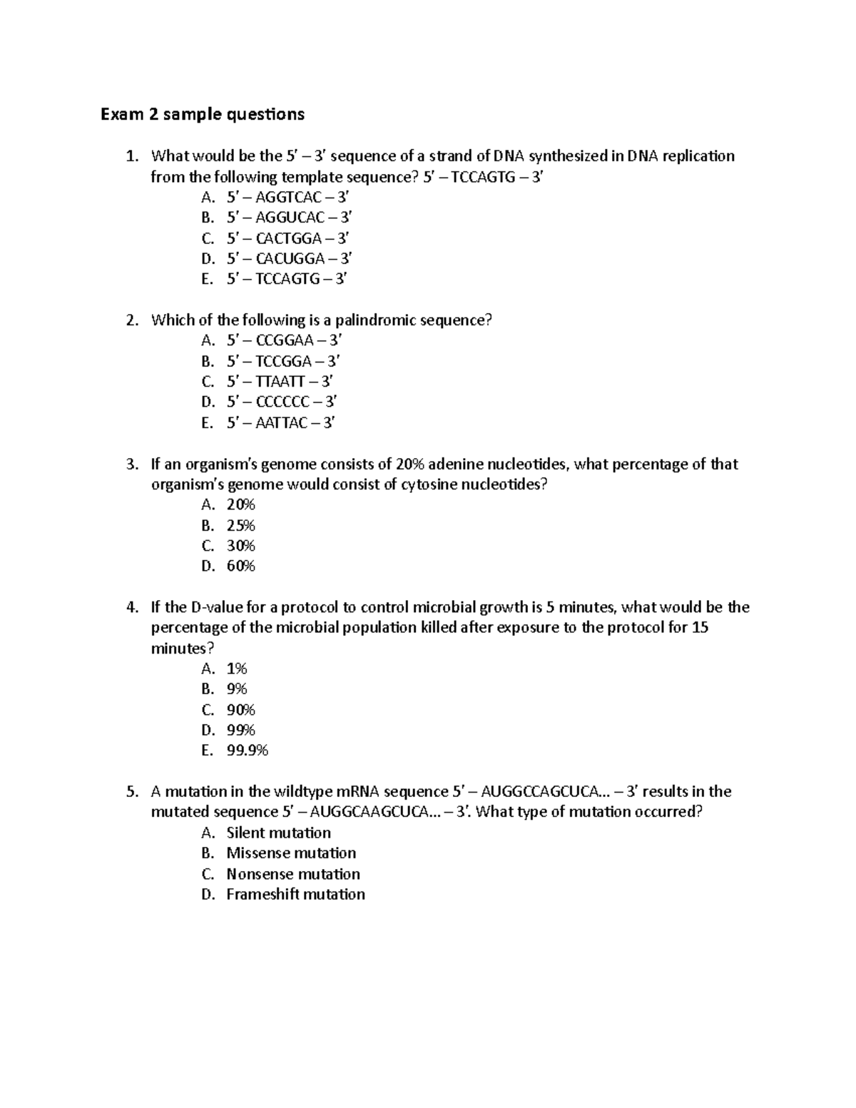 Exam 2 sample questions - Exam 2 sample questions What would be the 5 ...