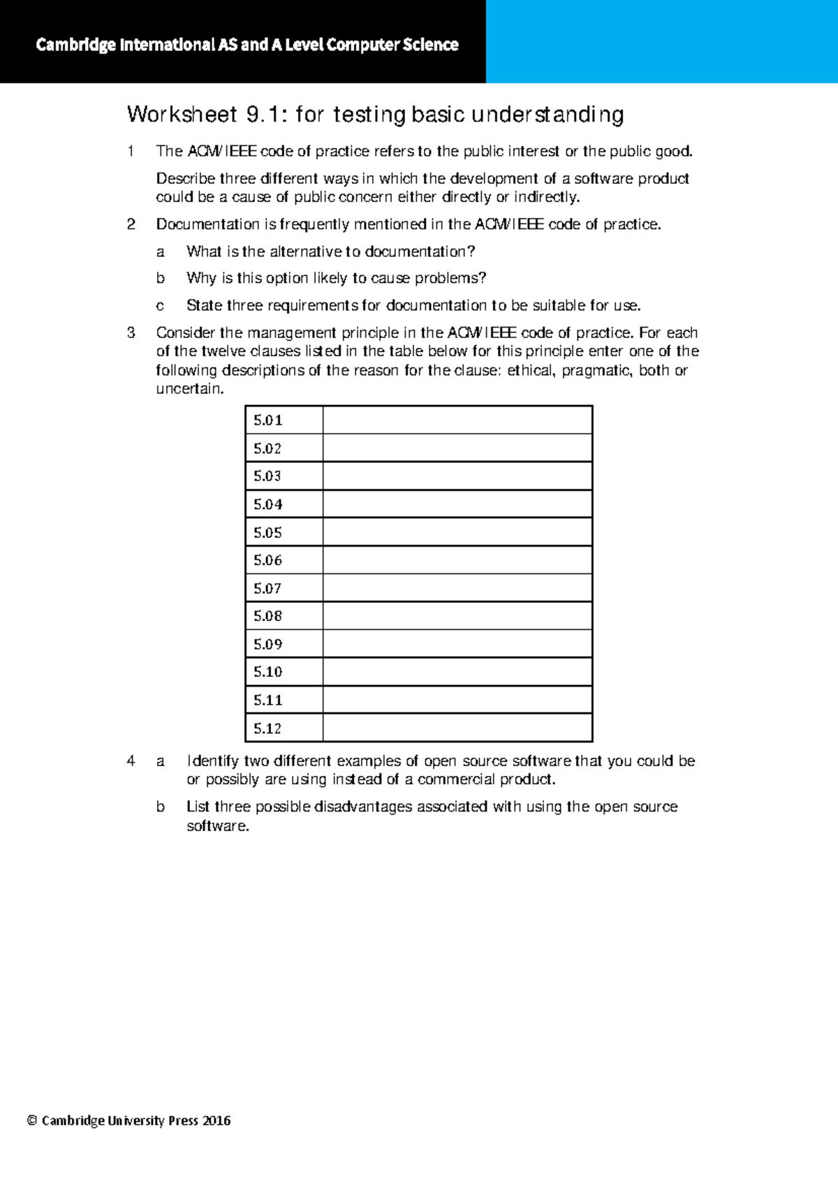 CH 09 Worksheet 1 - © Cambridge University Press 201 6 Worksheet 9: for ...