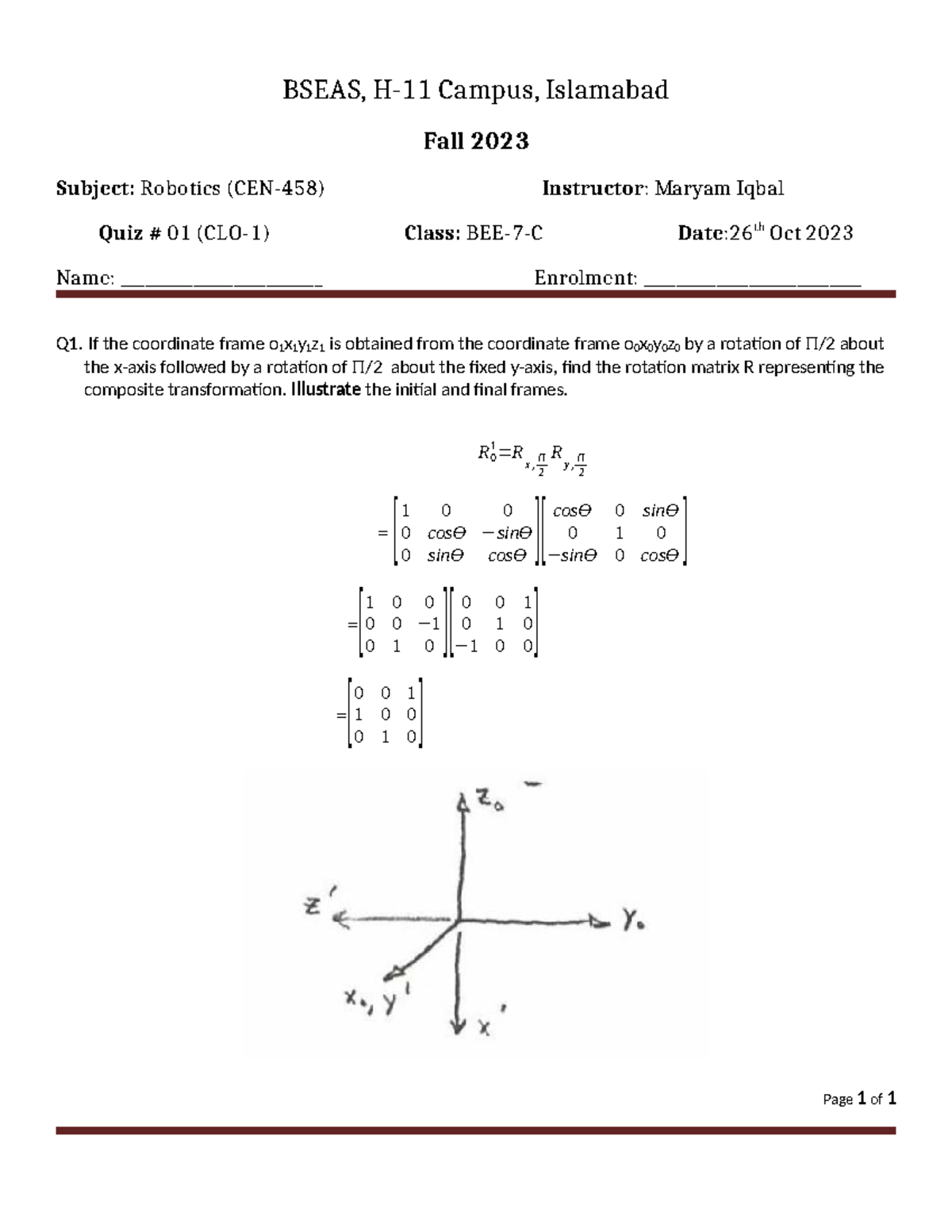 Solution Quiz 1 Robotics BEE 7C 11112023 055907 pm - BSEAS, H-11 Campus ...