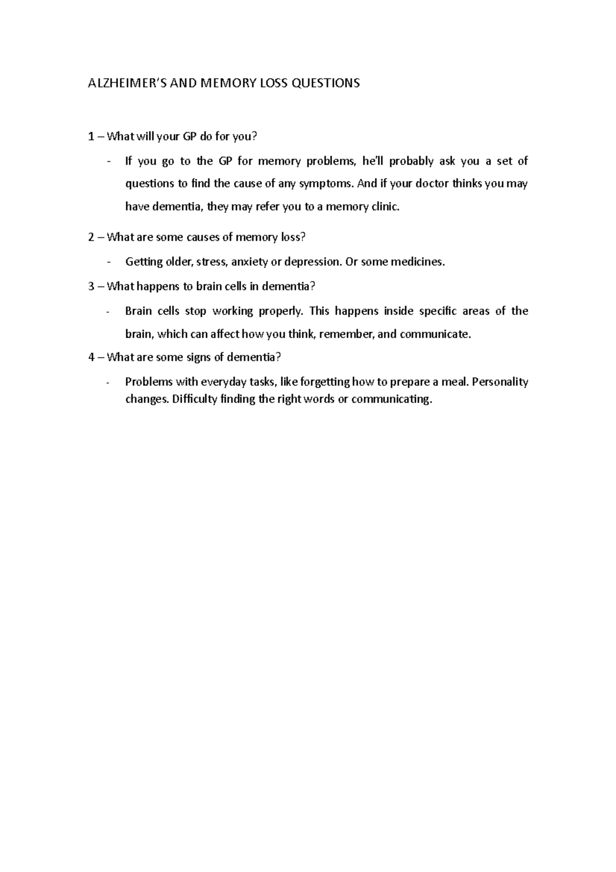 Alzheimers and memory loss questions - ALZHEIMER’S AND MEMORY LOSS ...