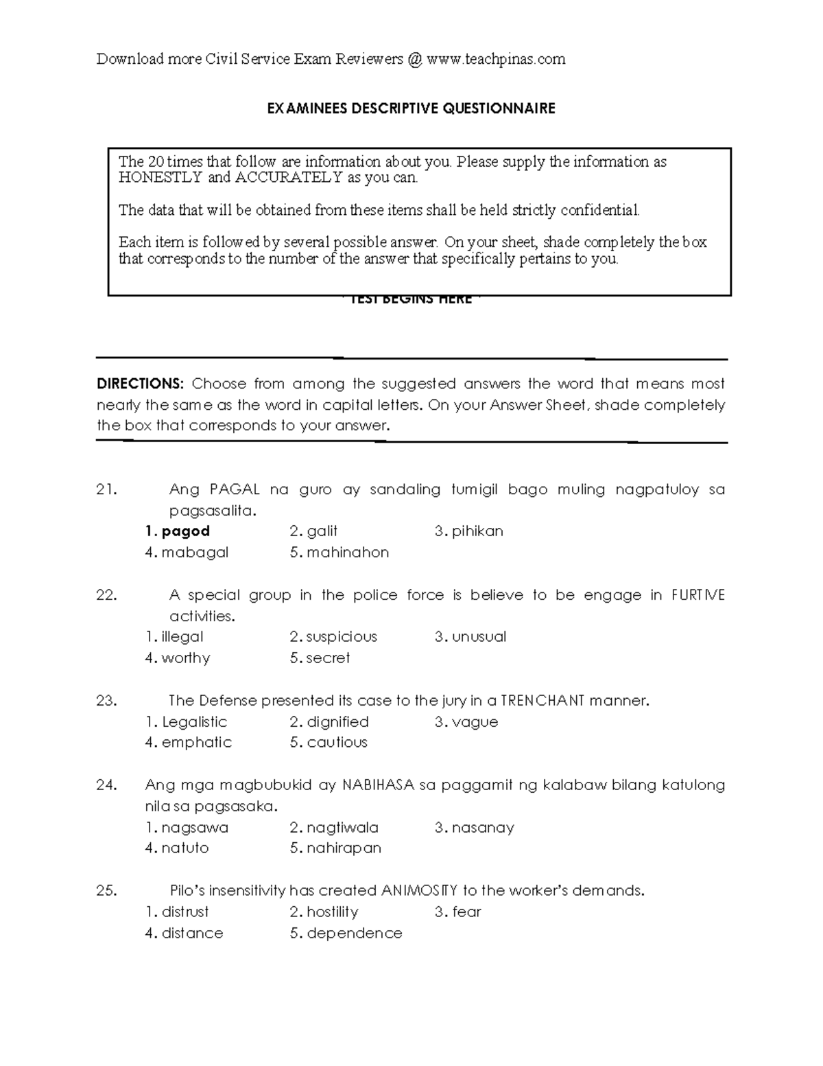 CSC 0 - CSE Reviewer 21-170 - EXAMINEES DESCRIPTIVE QUESTIONNAIRE ...