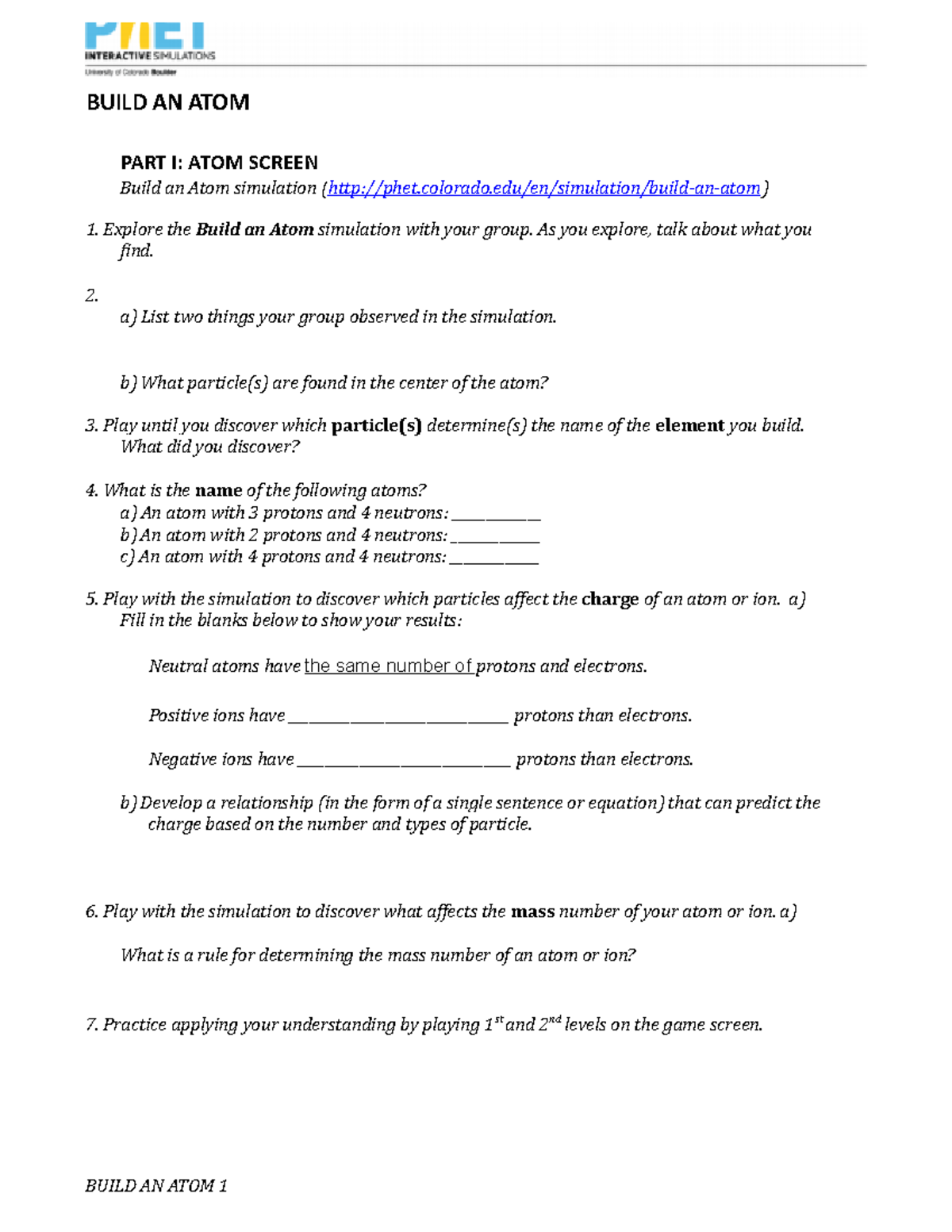 Build An Atom Activity - chemistry - BUILD AN ATOM PART I: ATOM SCREEN ...