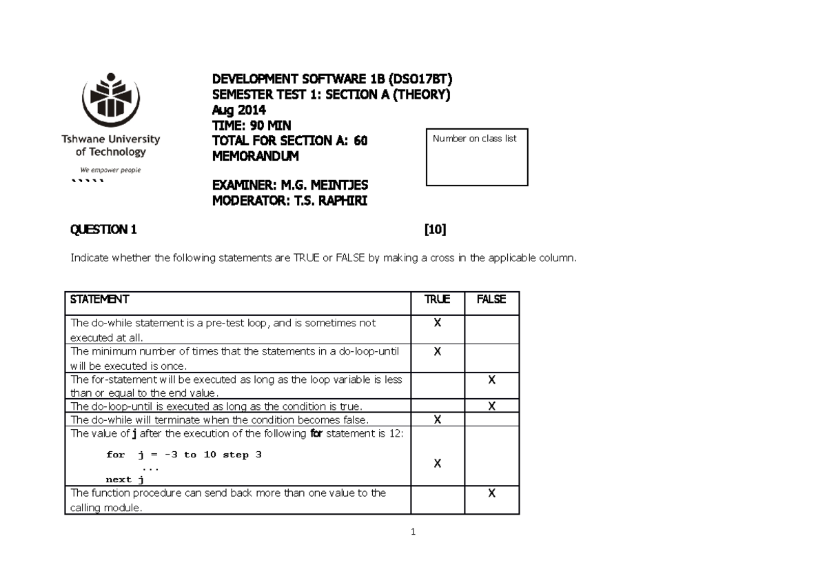 DSO17BT S1 2014 2 Memo memorandum for practising - DEVELOPMENT SOFTWARE 1 B (DSO17BT) SEMESTER ...