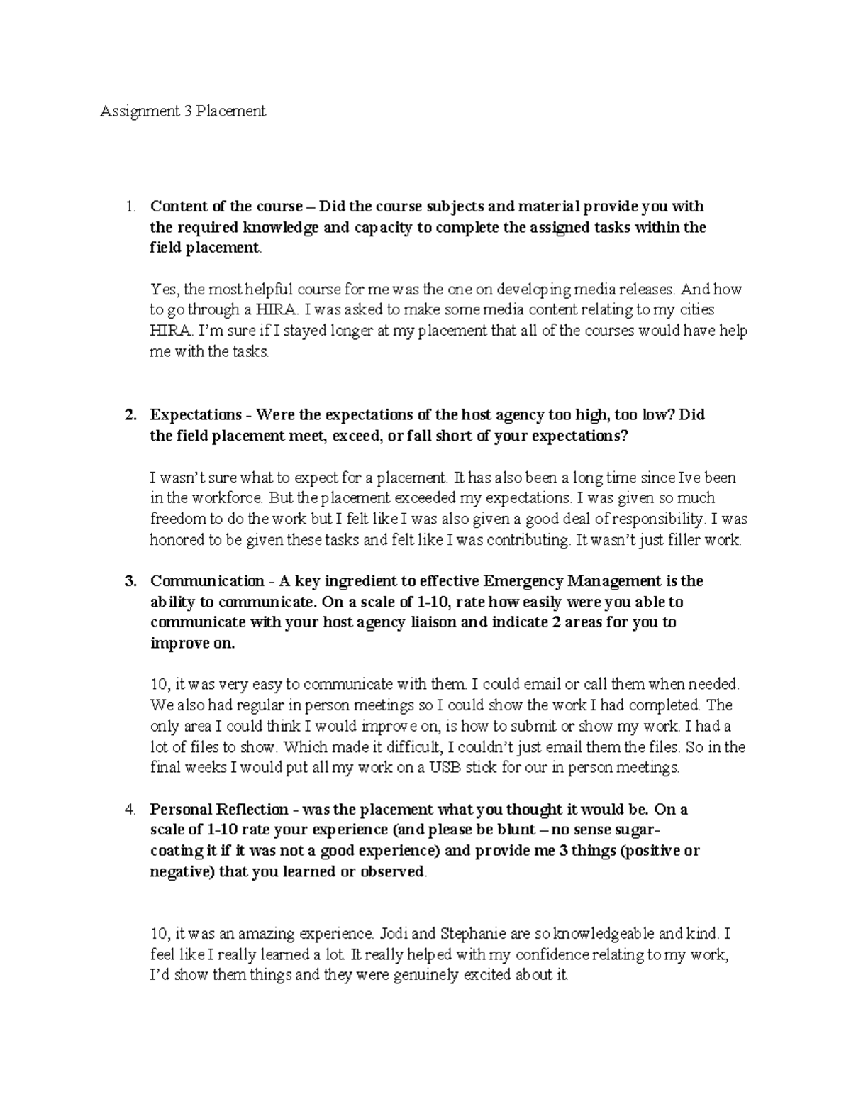 Assignment 3 Placement - Assignment 3 Placement 1. Content of the ...