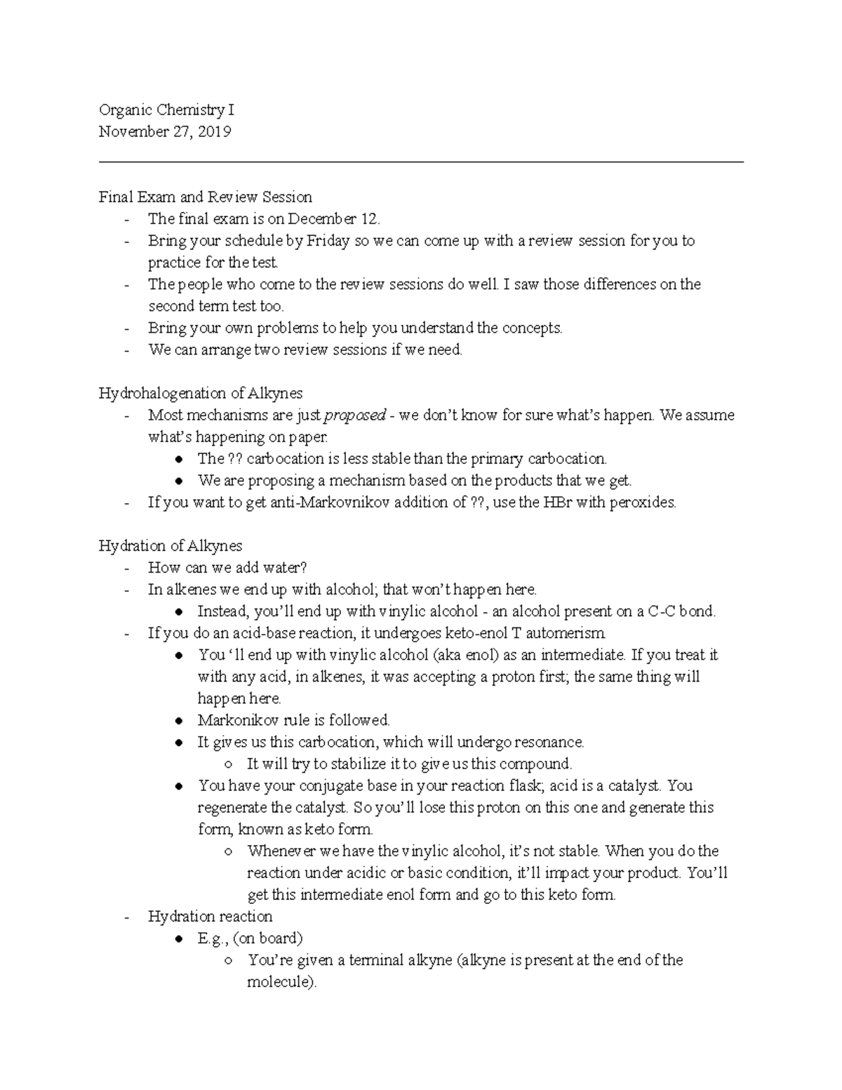 Organic Chemistry I (Nov 27, 2019) - Organic Chemistry I November 27 ...