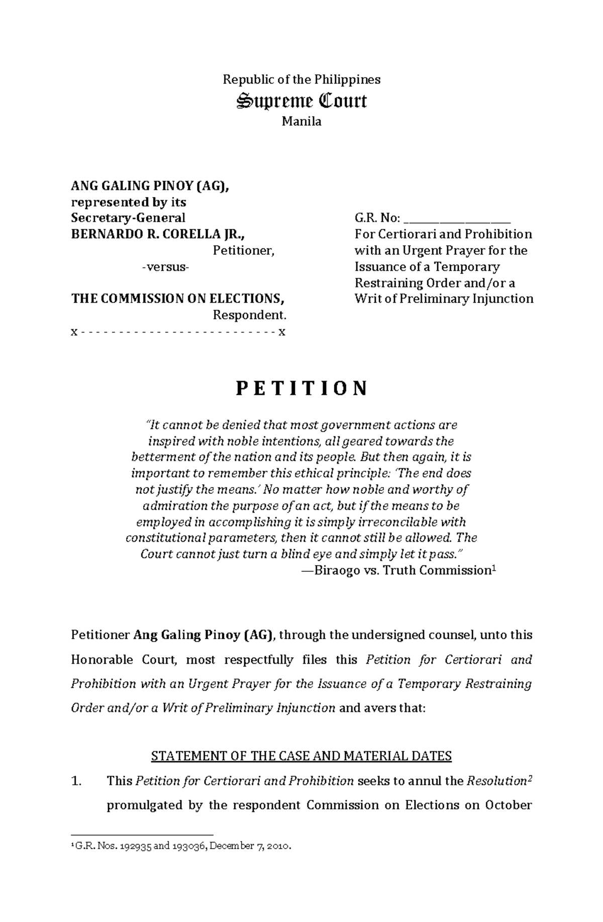 Ang Galing Pinoy vs Comelec Petition for Certiorari and Prohibition ...