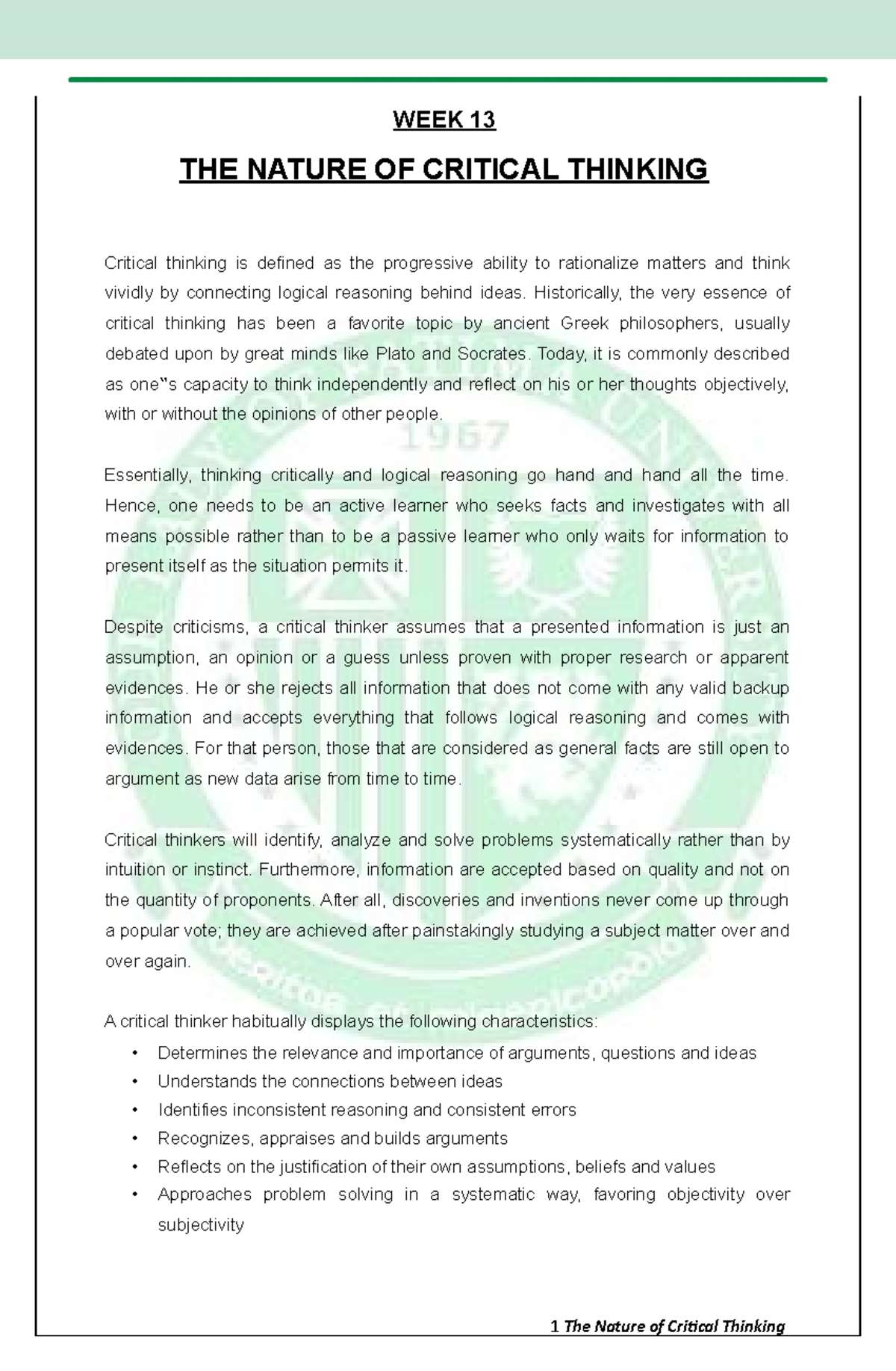 Finals- Reviewer - Critical Thinking Modules. - nature of critical ...