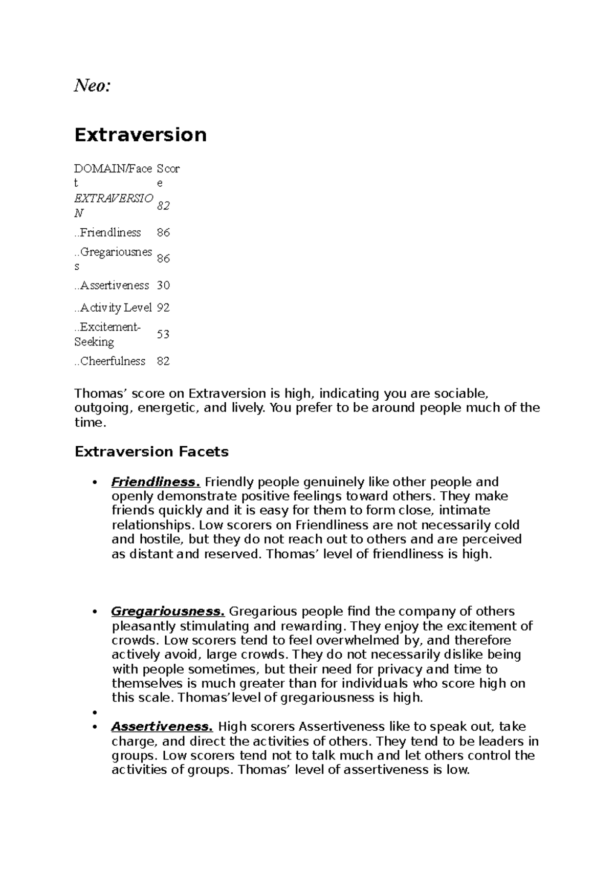 Neo test - NeoNeo personality test - Neo: Extraversion DOMAIN/Face t ...