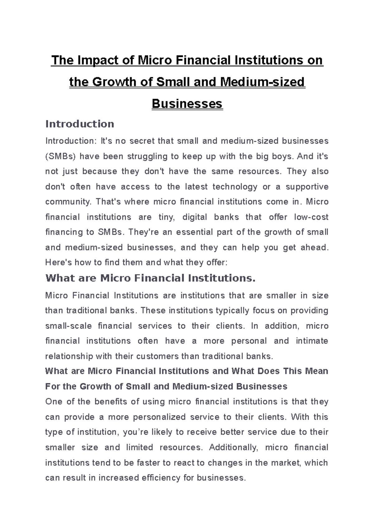 The Impact of Micro Financial Institutions on the Growth of Small and ...