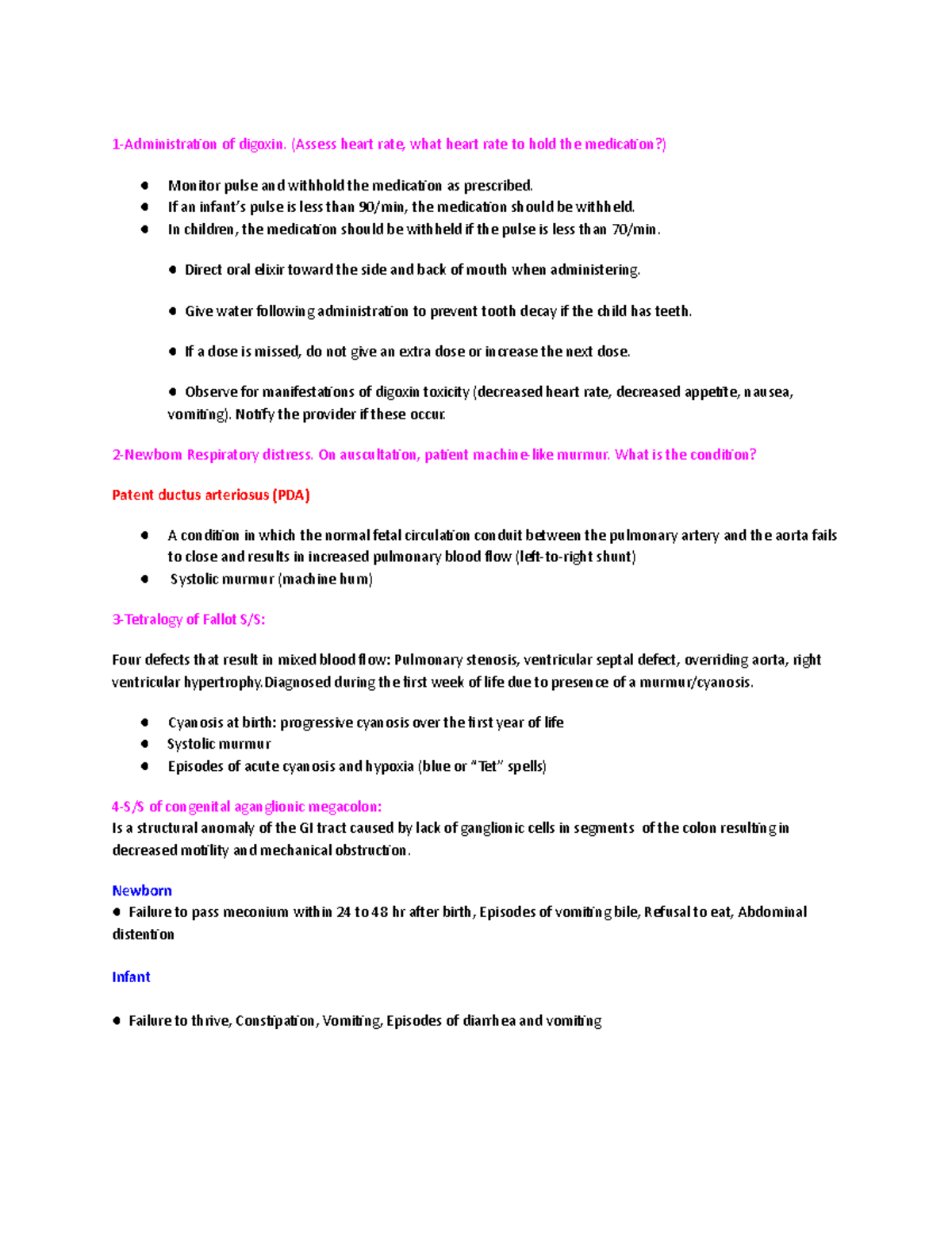 Pediatrics quiz 4 review - 1-Administration of digoxin. (Assess heart ...