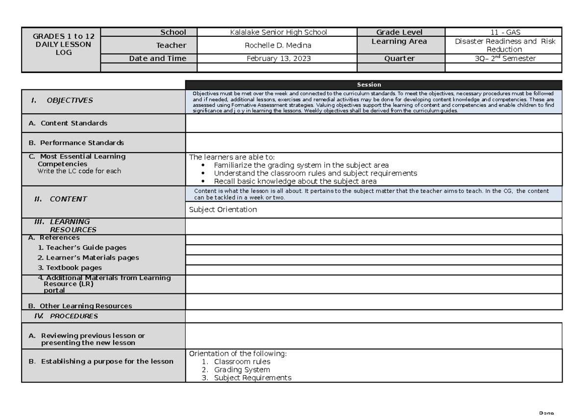 DRRR 0213 - Sample of Daily Lesson Log - GRADES 1 to 12 DAILY LESSON ...