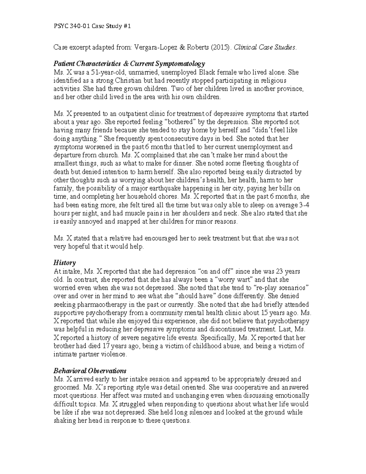Case Study 1 description - PSYC 340- 01 Case Study # 1 Case excerpt ...