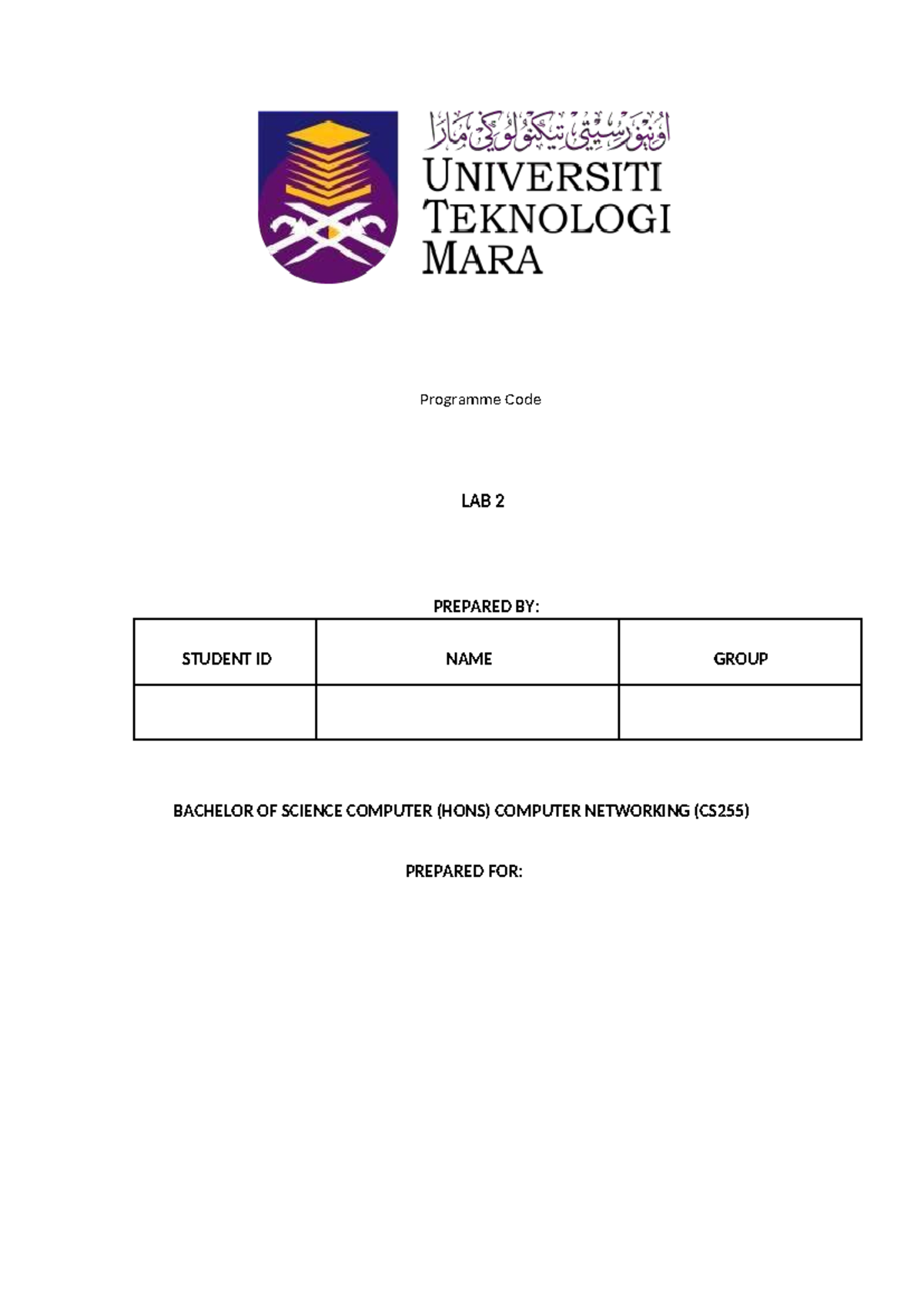 Cover Page for University - Network - Programme Code LAB 2 PREPARED BY ...