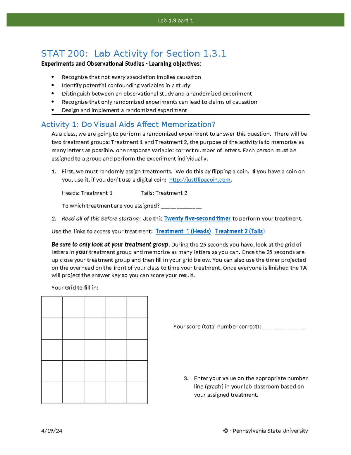 Section 1.3.1 shared lab - STAT 200: Lab Activity for Section 1. Experiments and Observational ...