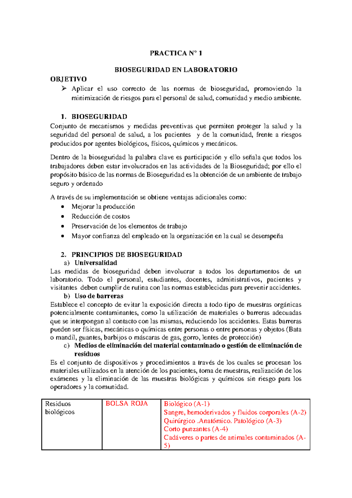 Bioseguridad QMC 2024 - PRACTICA N° 1 BIOSEGURIDAD EN LABORATORIO OBJETIVO Aplicar el uso ...