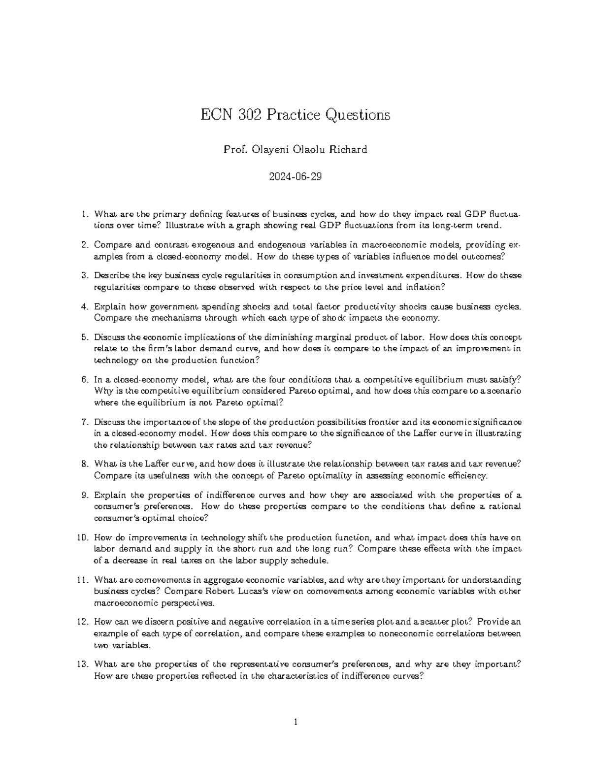 Practice Questions - economics - ECN 302 Practice Questions Prof ...