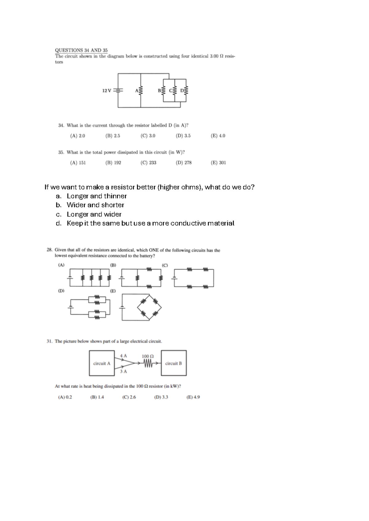 Electricity Worksheet - Physics - If we want to make a resistor better ...