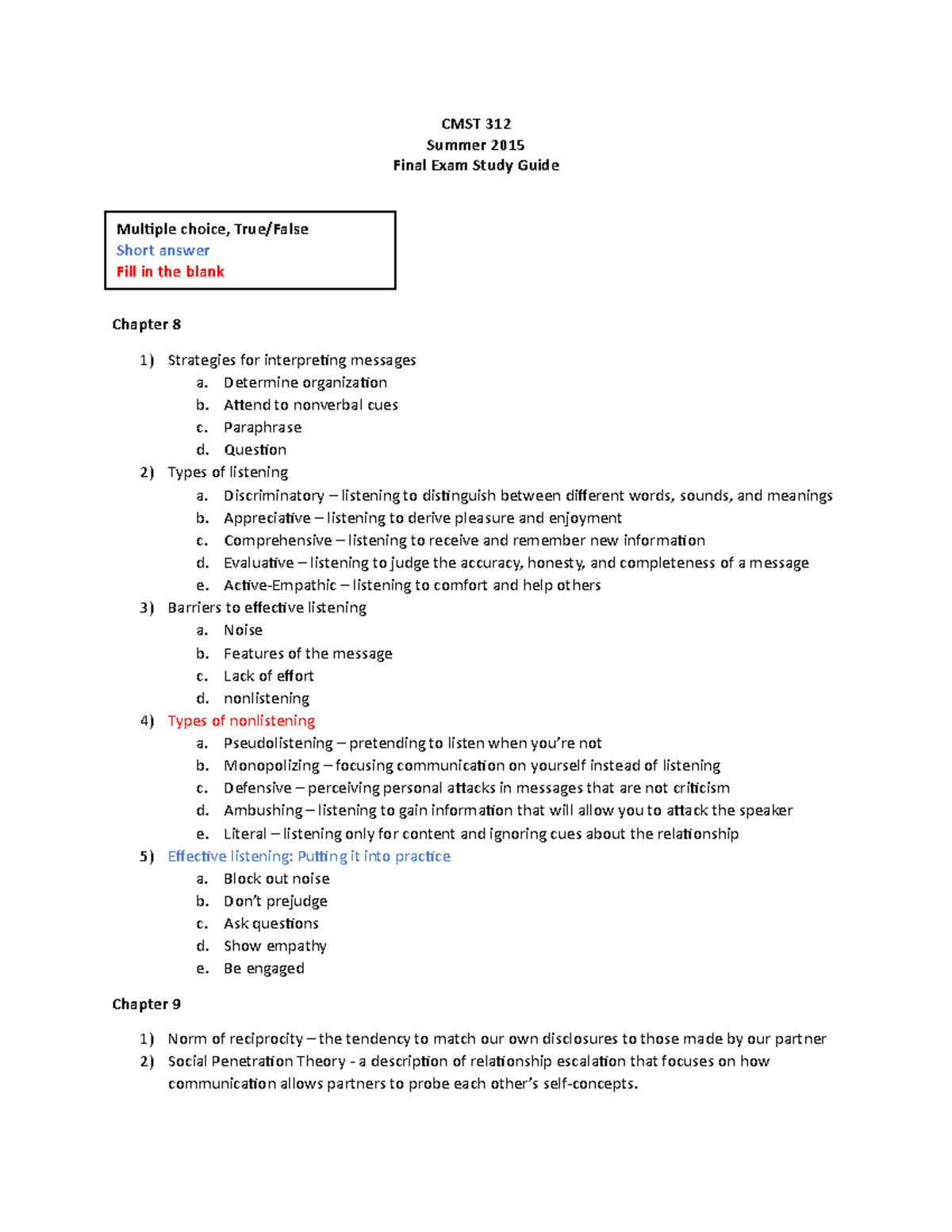 Study guide - Teacher - Whitney Dennis Porter - CMST 312 Summer 2015 ...