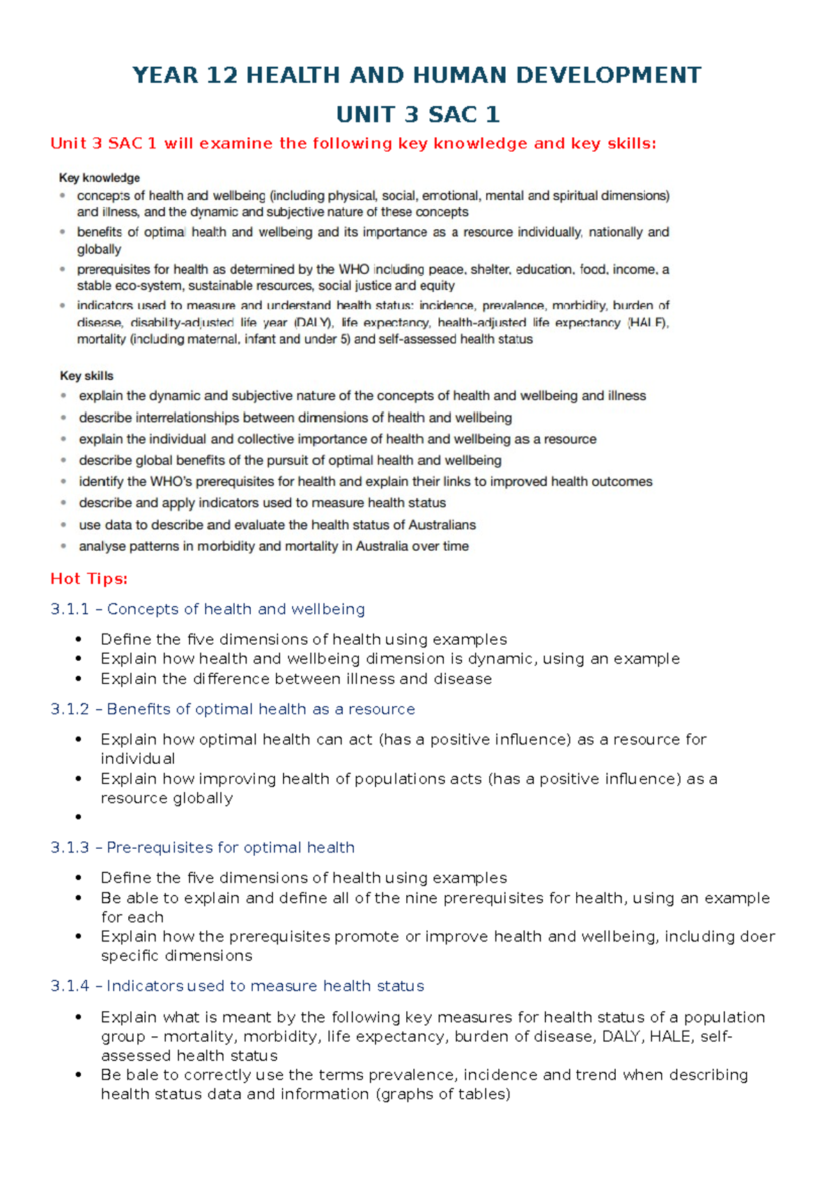 SAC 1 Revision 2024 - HOT TIPS - YEAR 12 HEALTH AND HUMAN DEVELOPMENT ...