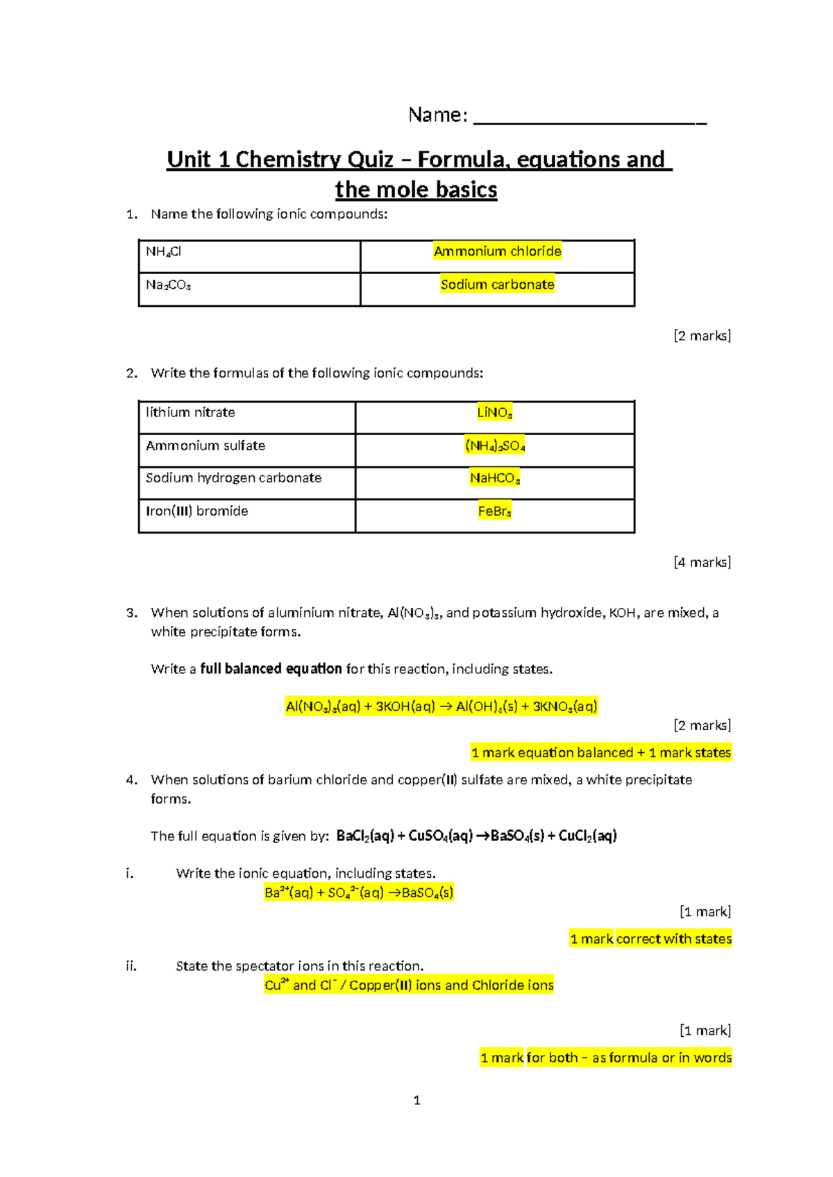 Quiz 3 - Mole and Equations ( Solutions) - Name ...