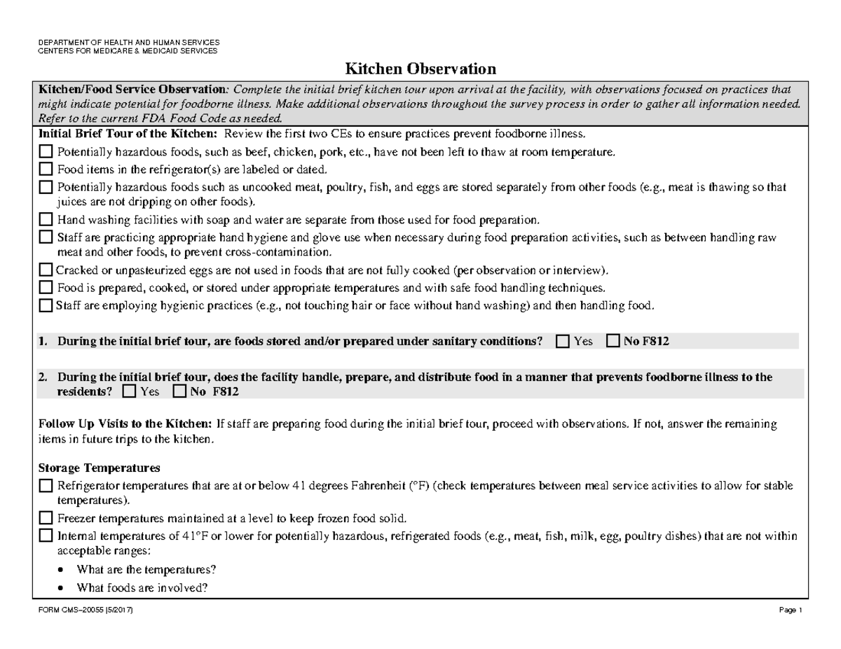 Kitchen Observation Service Observation - Studocu