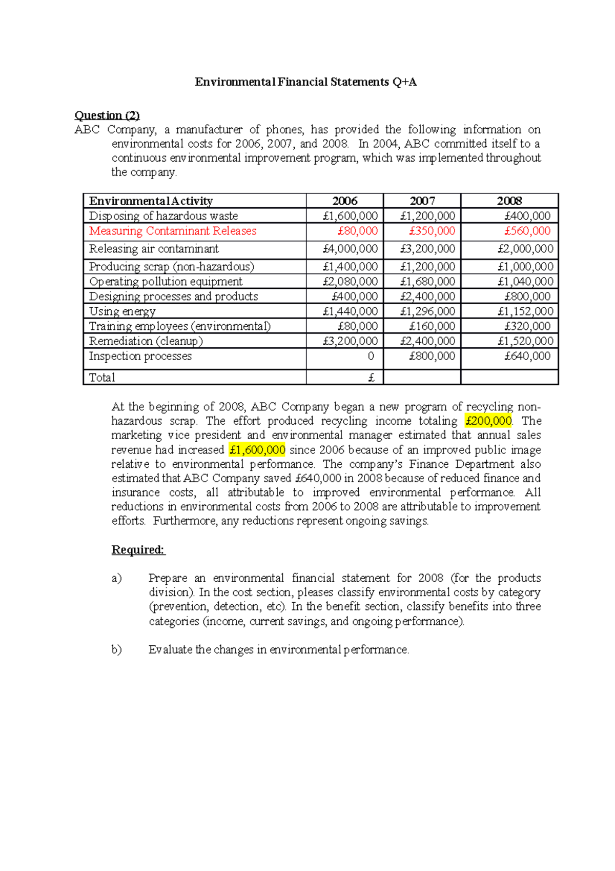 Q +A for Video Environmental Financial Statements - Environmental ...
