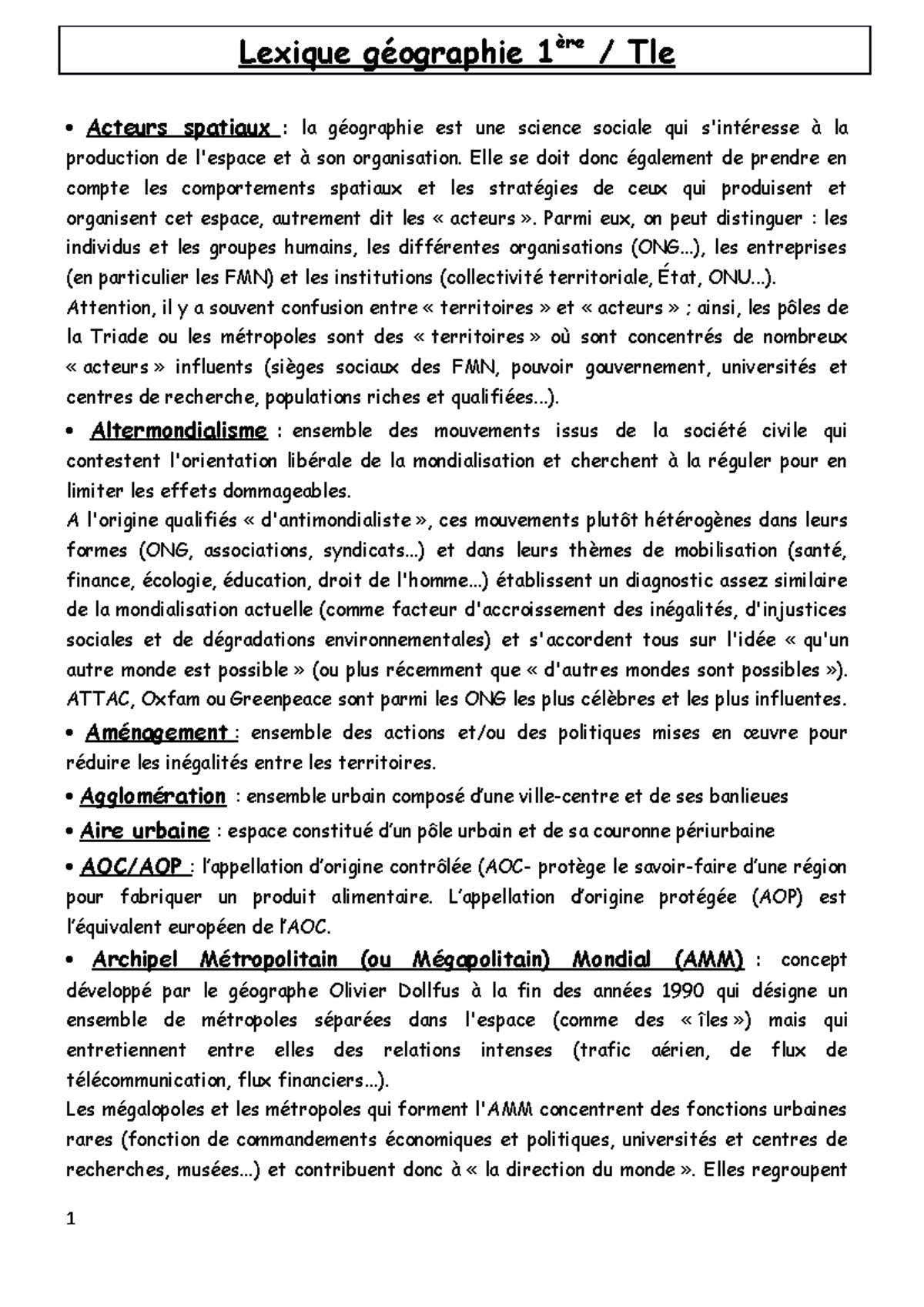 Lexique géographie Première et Terminale - Lexique géographie 1 ère ...