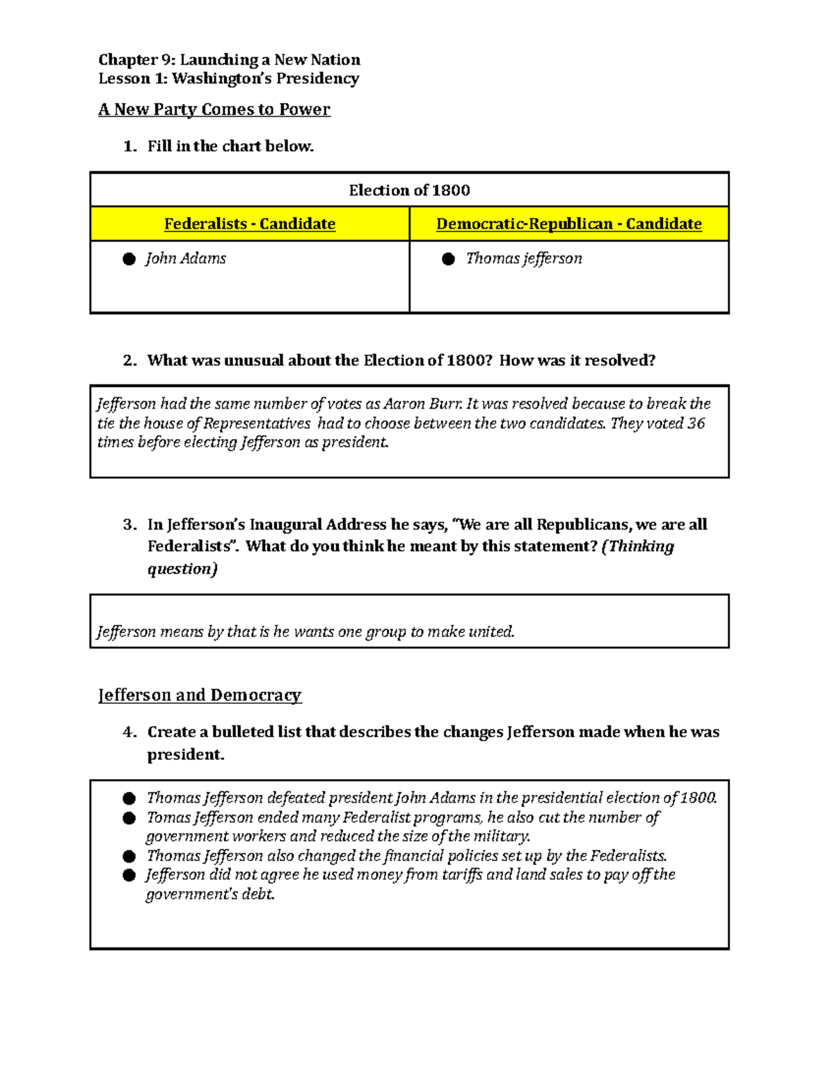 (M)Les 1 Jeffersonian Democracy - Chapter 9: Launching a New Nation ...