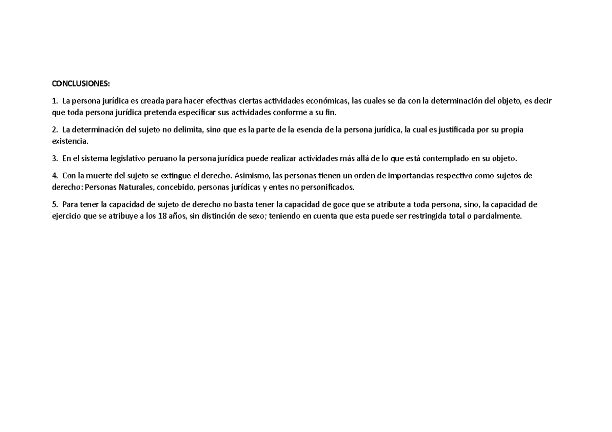 Capacidad - CONCLUSIONES: 1. La persona jurídica es creada para hacer ...