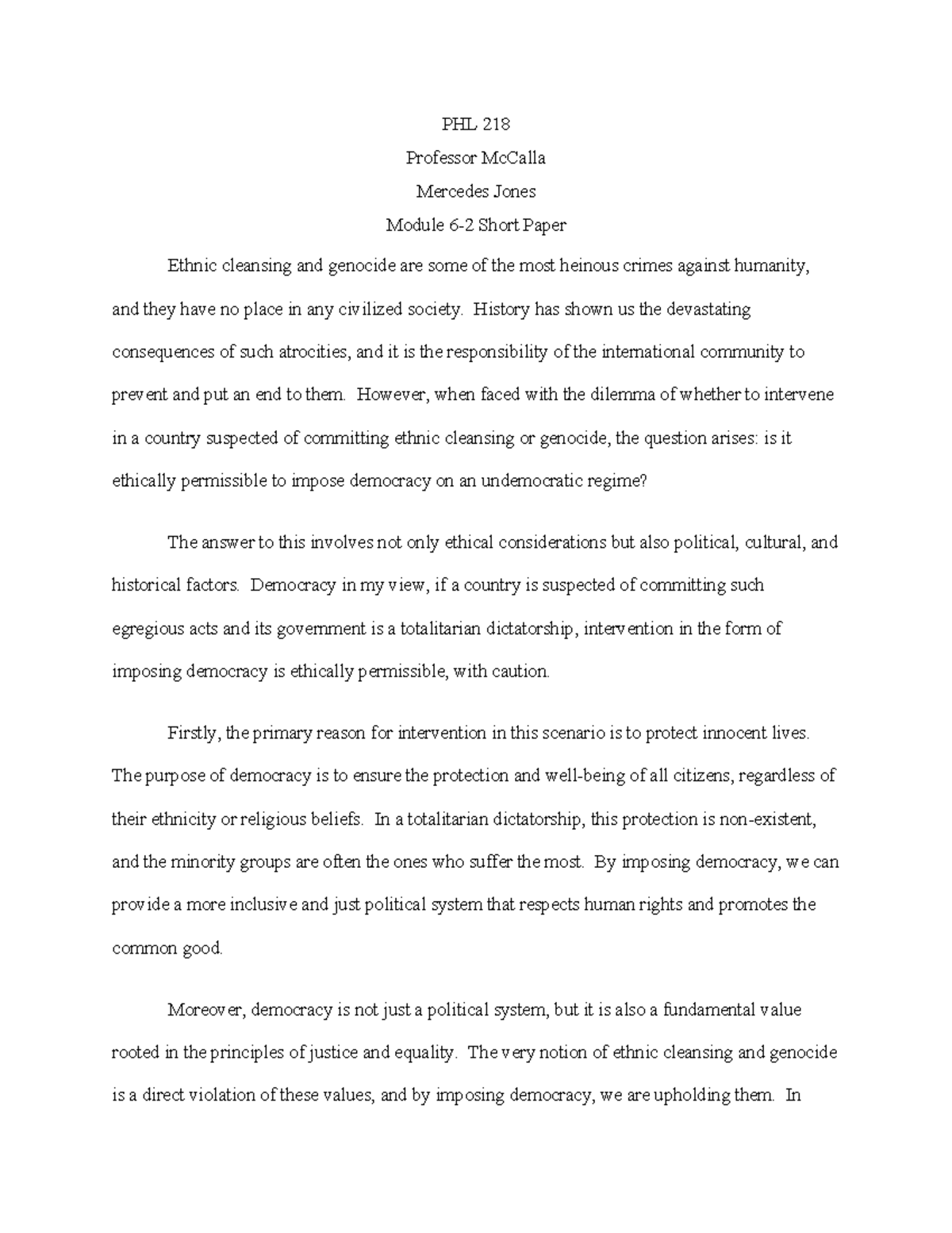 PHL Short Paper 6-2 Completed and updated - PHL 218 Professor McCalla ...