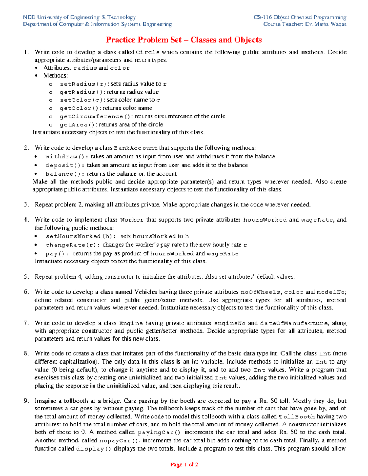 Assignment 3 Oop This Is The Practice Problem Required For Oop Ned University Of Engineering
