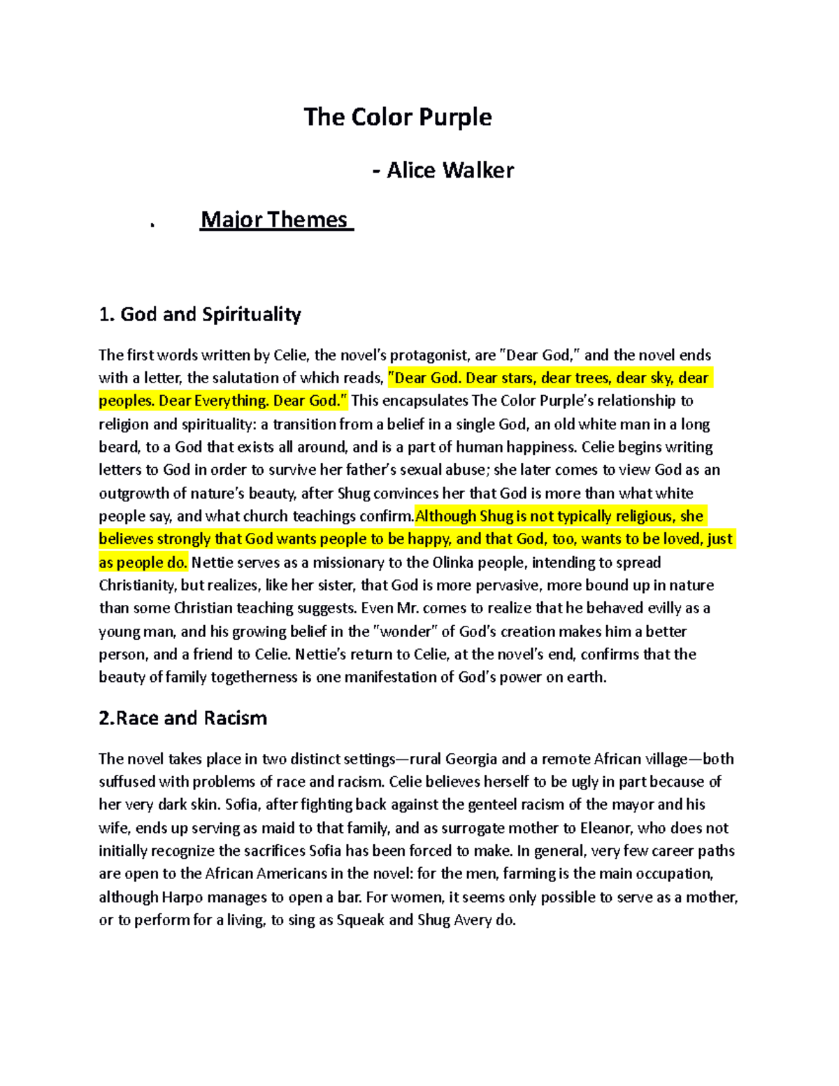 Color Purple- Themes - The Color Purple - Alice Walker . Major Themes 1 ...