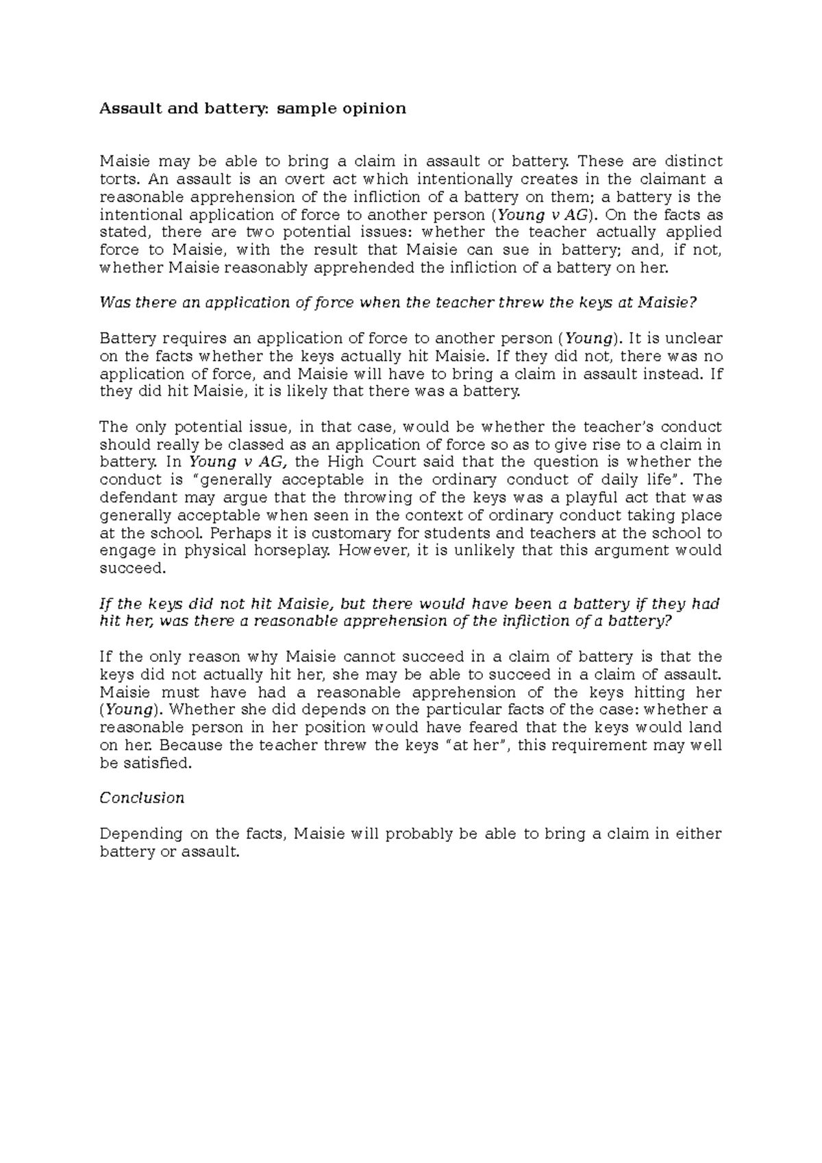 L4 Example (assault and battery) - Assault and battery: sample opinion ...