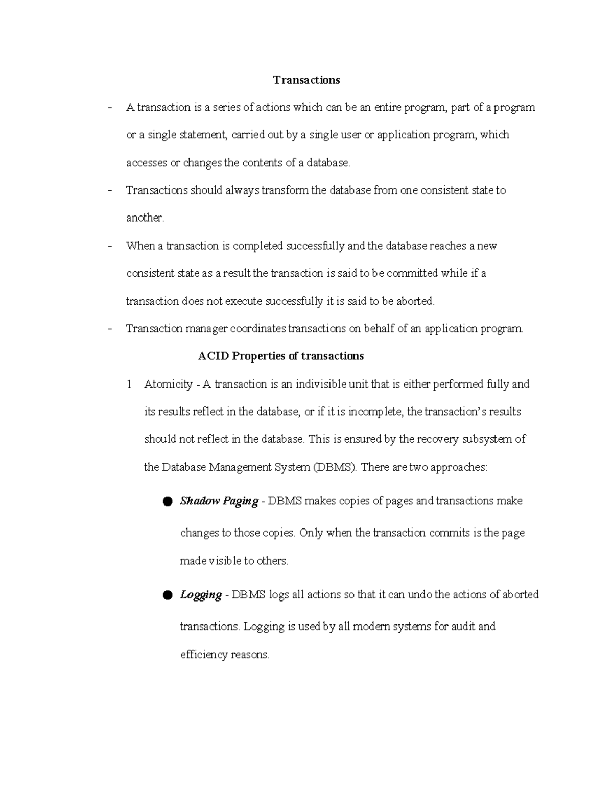 Introduction to Transactions - Transactions A transaction is a series of actions which can be an ...