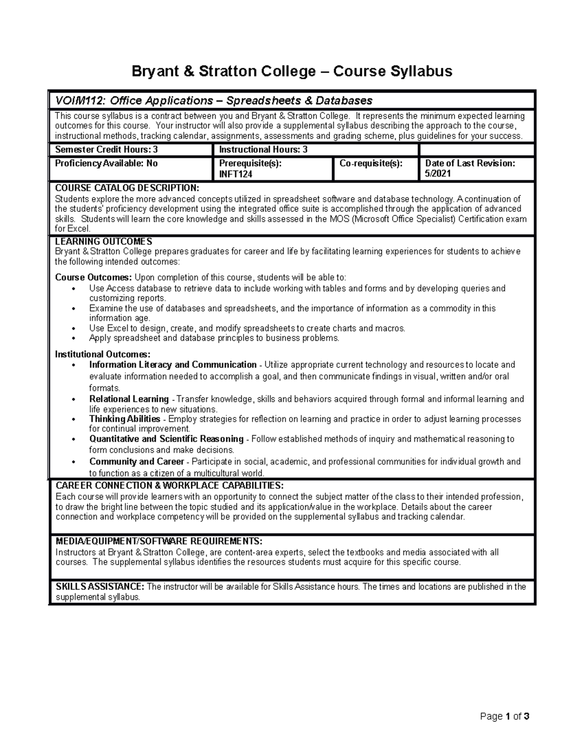 VOIM112 Office Applications Spreadsheets and Databases - Bryant ...