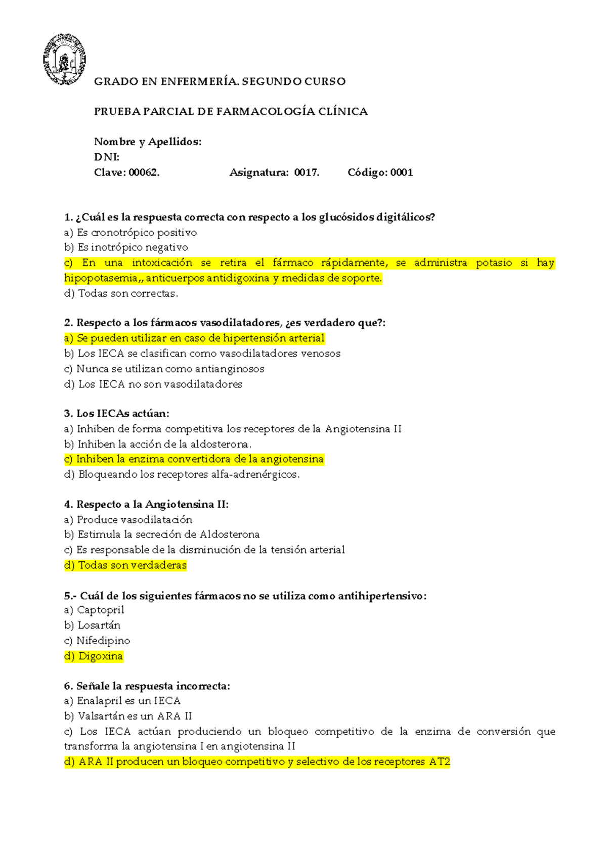 2º parcial (final) FarmacologíA CLÍNICA.doc (1) - GRADO EN ENFERMERÍA. SEGUNDO CURSO PRUEBA ...