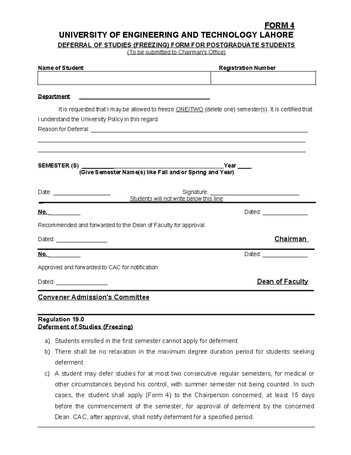 Freezing Form pg - FORM 4 UNIVERSITY OF ENGINEERING AND TECHNOLOGY ...