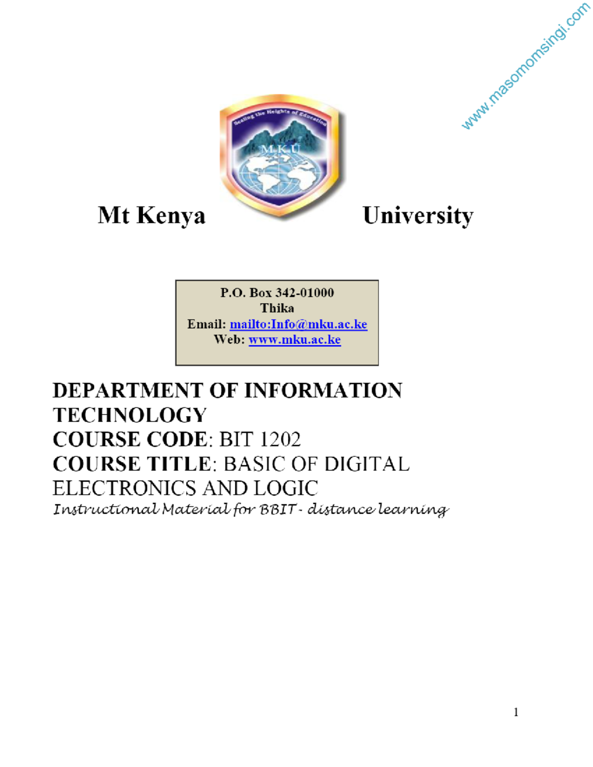 Digital electronics and logic mku - Mt Kenya University P. Box Thika ...
