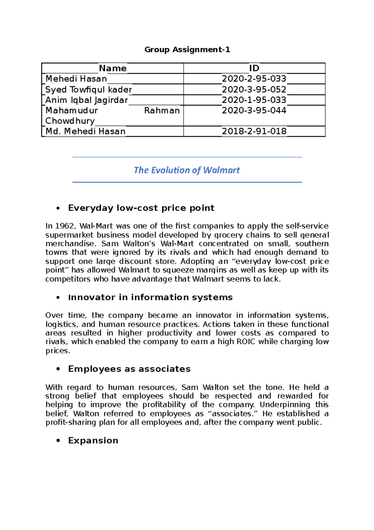The Evolution of Walmart - Group Assignment- Name ID Mehedi Hasan 2020 ...