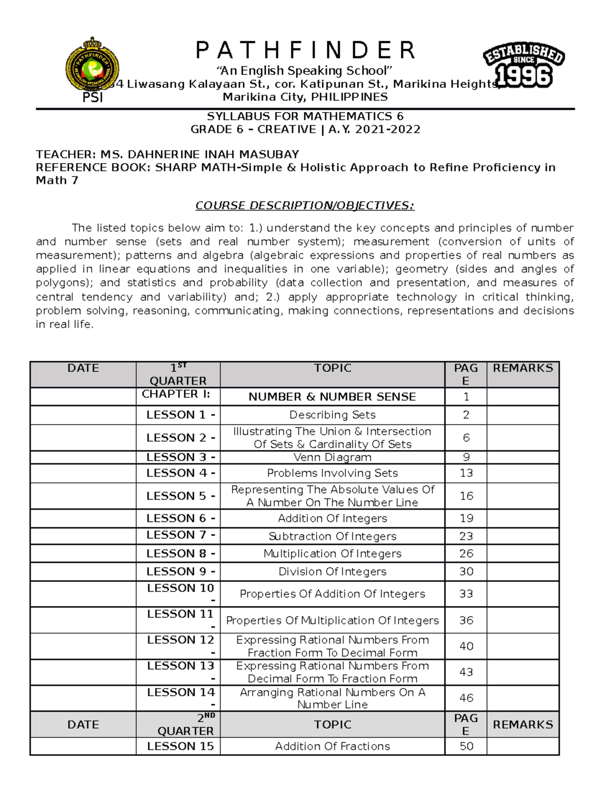 Syllabus FOR Grade 6 - P A T H F I N D E R “An English Speaking School ...