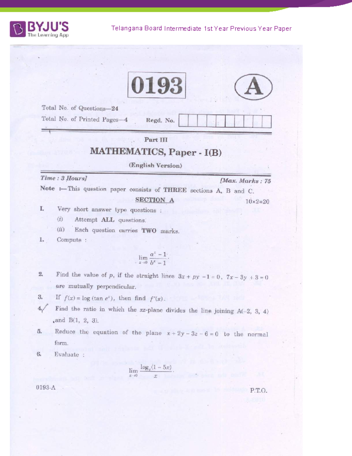 Paper 1B-2019 - MPC intermediate - Telangana Board Intermediate 1st ...