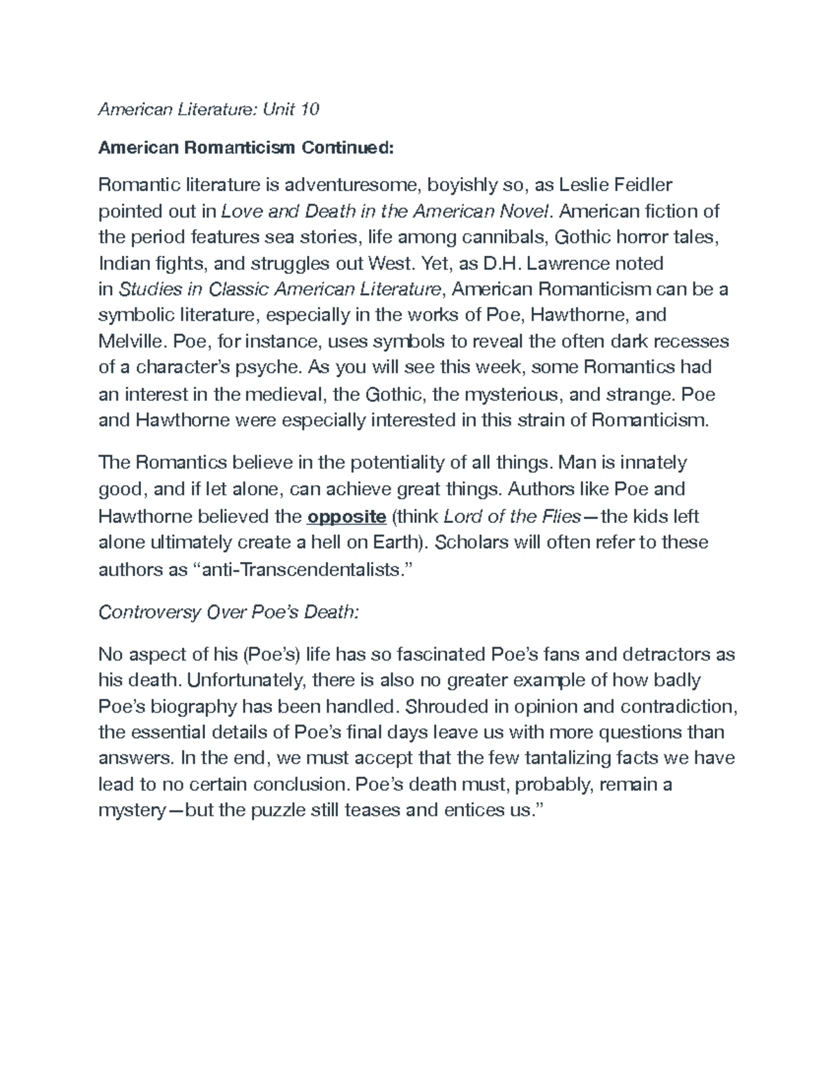 Amlit 10 - Romanticism 2 American Literature Class Notes - American ...