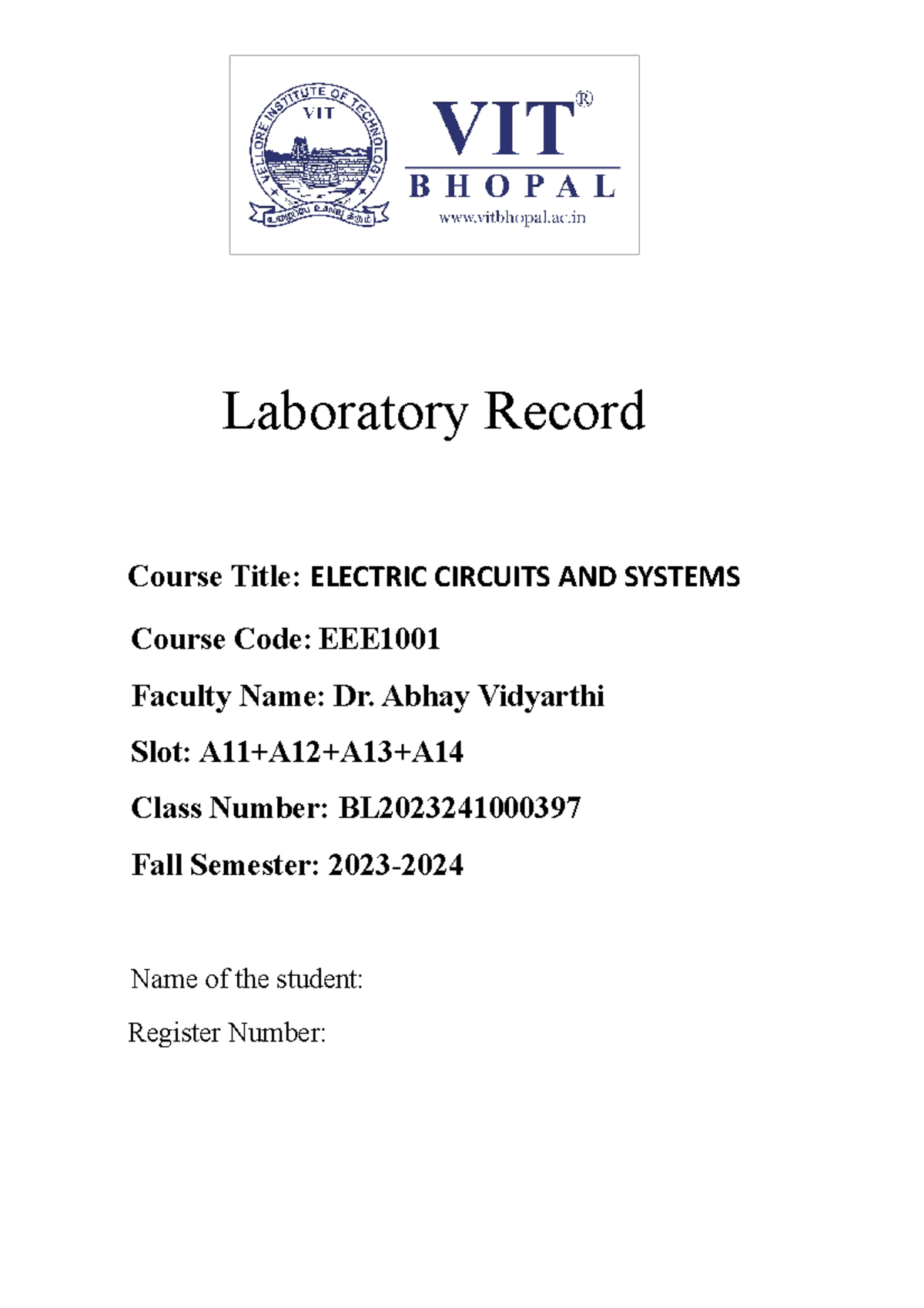 EEE1001 LAB Report samarth - Laboratory Record Course Title: ELECTRIC ...