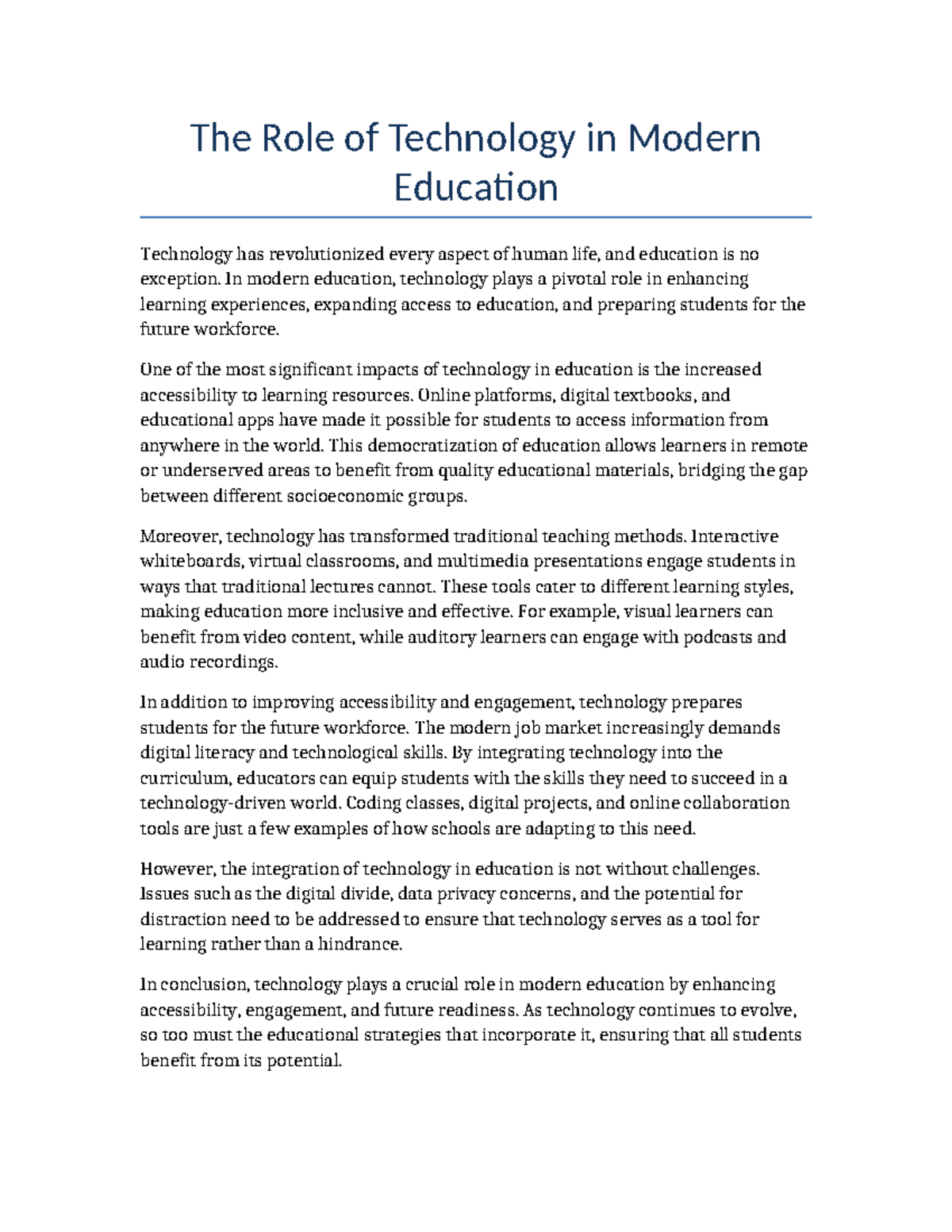 Sample Essay Technology in Education - The Role of Technology in Modern ...