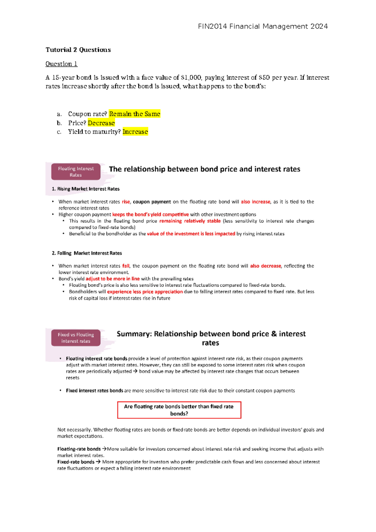 FIN2014 Tutorial 2 - Tutorial 2 Questions Question 1 A 15-year bond is ...