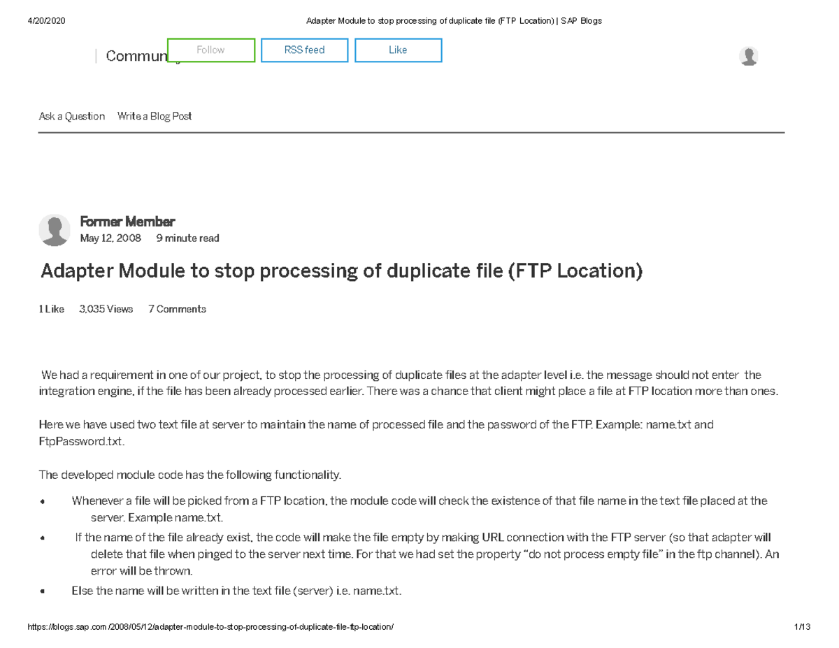 Adapter Module To Stop Processing Of Duplicate File Ftp Location Sap Blogs Community Ask A