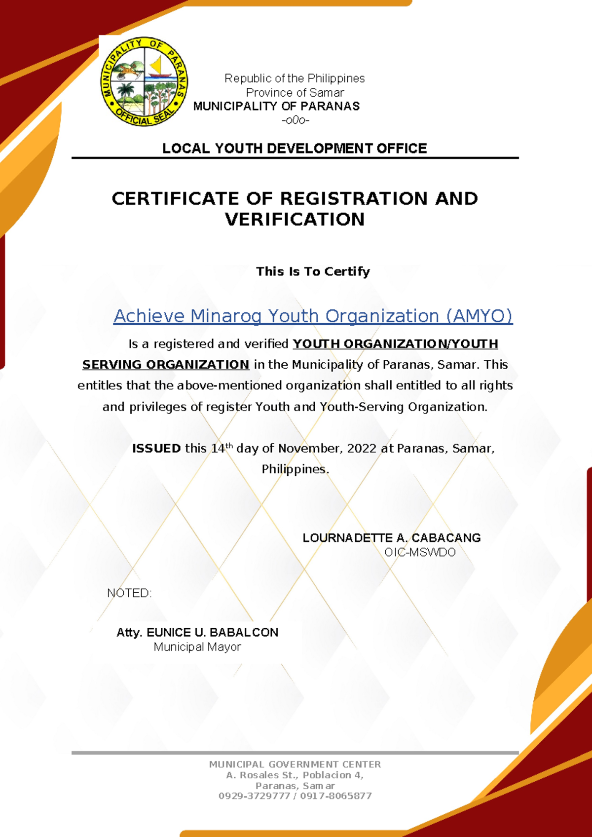 Certification of AMYO - wsdsd - Republic of the Philippines Province of Samar MUNICIPALITY OF ...